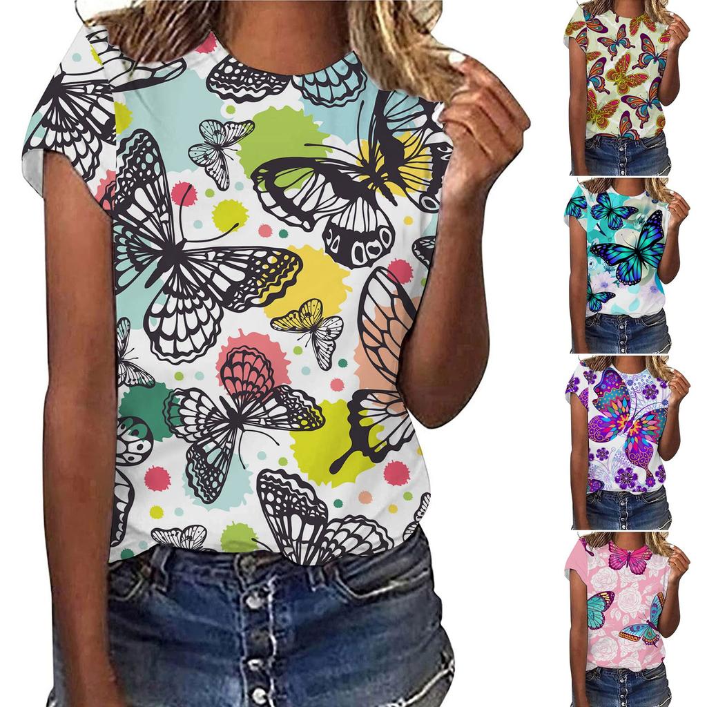 Women's Fashion Casual Round Neck Short Sleeve Butterfly Print Top ...