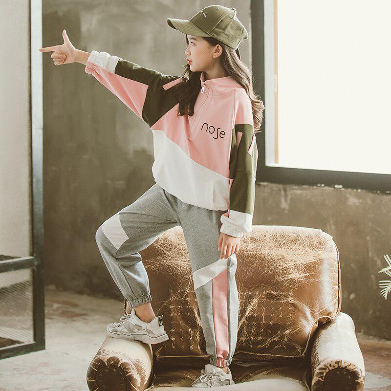 Buy Fashion Big Girls Sports Suits Semi-high Collar Letter Zipper ...