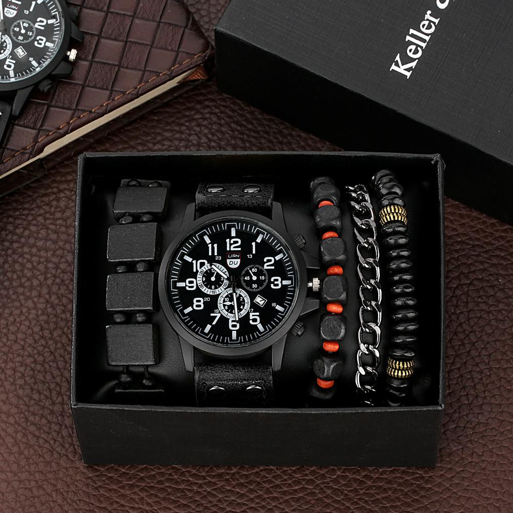 Fashion Men's Watch Bracelet Set Quartz Watch with Calendar Pu Strap ...