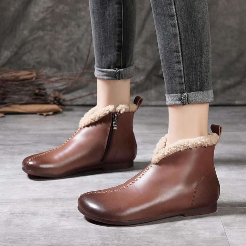 Buy First Layer Cowhide Short Boots Women's Winter Plush Warm Cotton ...