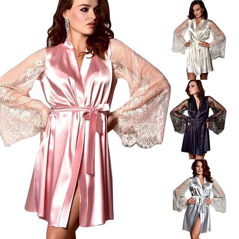 Buy Womens Sexy Lace Wrap Dress Silky Satin Belt Nightdress Nighty ...