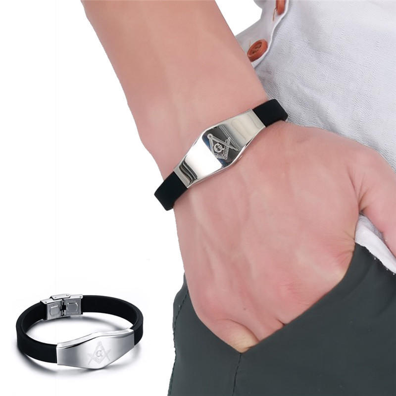 Stainless Steel Black Silicone Masonic Mason Master Bangle Bracelet ...