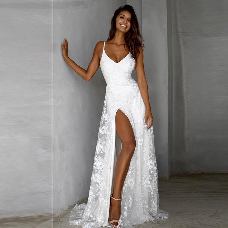 Kaufe Damen V-Ausschnitt Spitzenkleid Weiß Sommer Spitze Strap | Joom