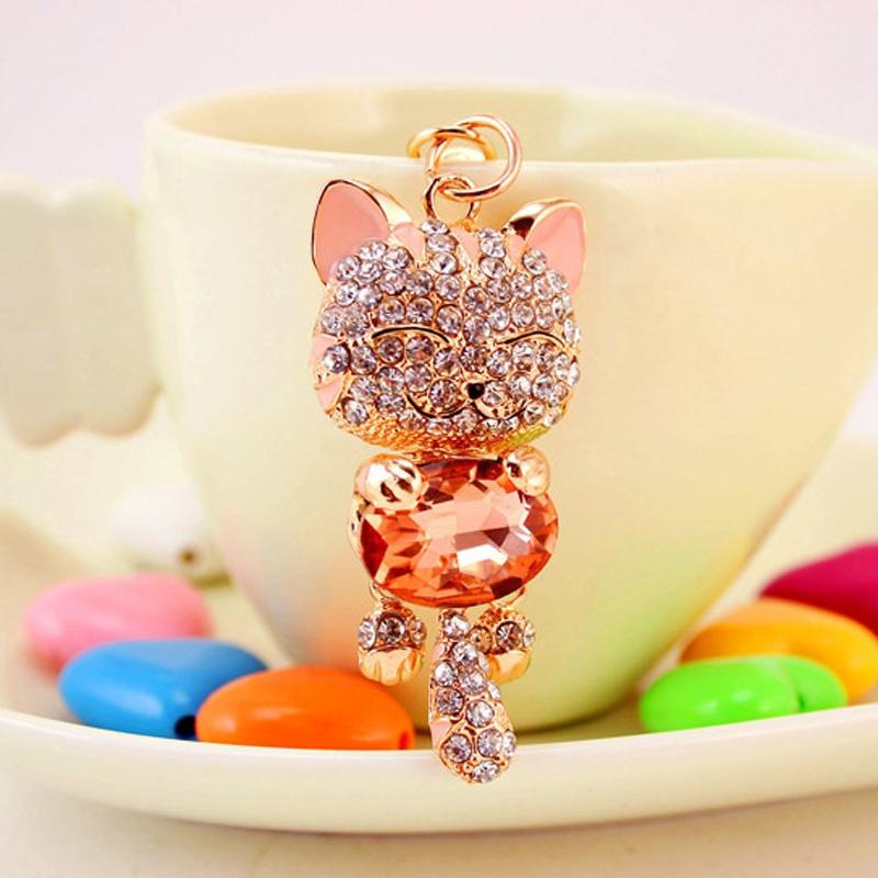 Buy Cat Keychain Gold Crystal Rhinestones Women Handbag Charm Key ...