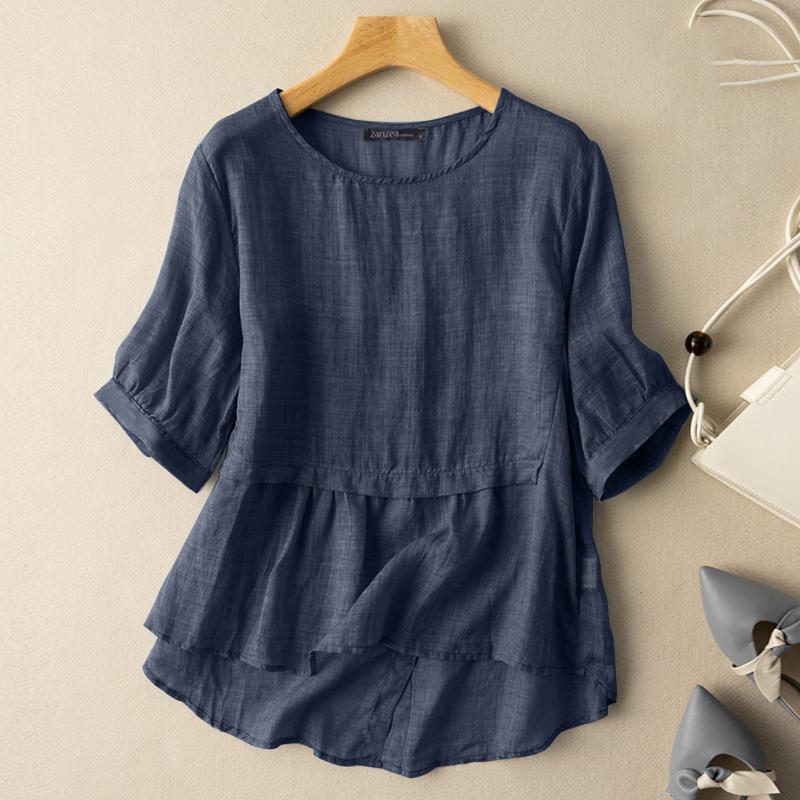 Cheap ZANZEA Women O-neck 3/4 Sleeve Blouse Tops Solid Color Loose ...