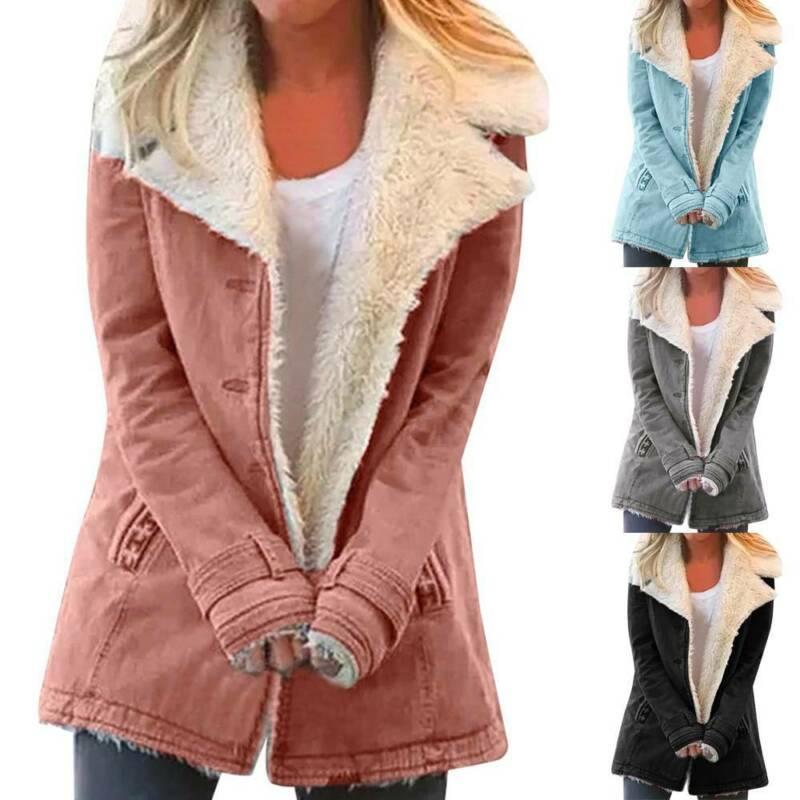 Buy Plus Size Womens Long Sleeve Button Fluffy Coat Casual Ladies Solid ...