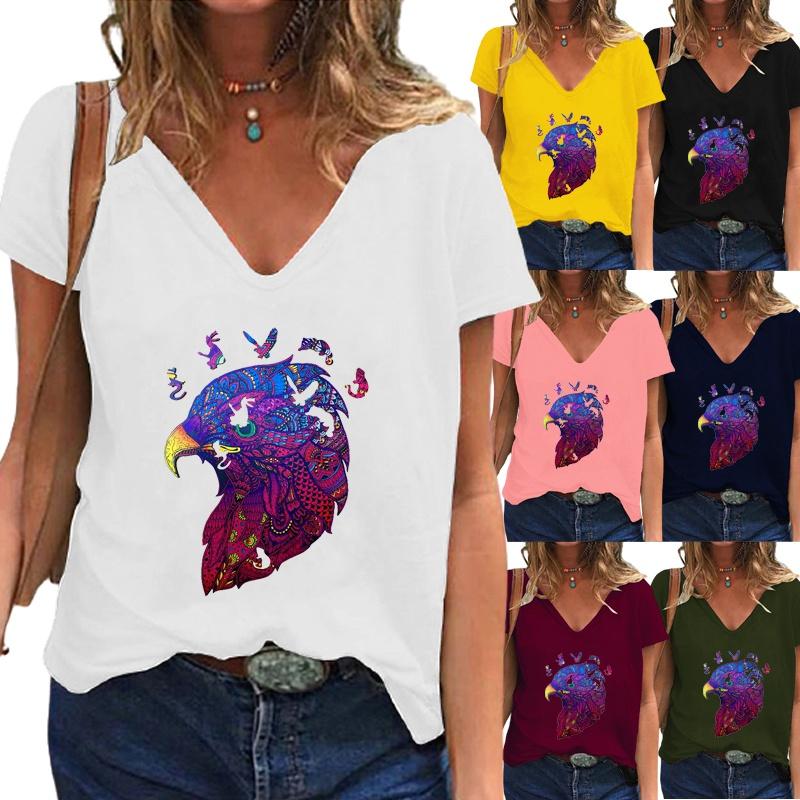 Buy Women's Summer Printed T-shirt Casual Short Sleeve Deep V-neck Tee ...