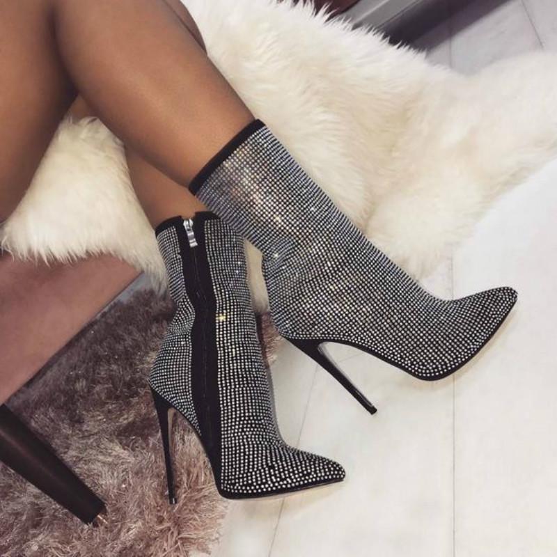 Buy Women Winter Diamond Boots High Heeled Shoes Rhinestone Ankle Boots ...
