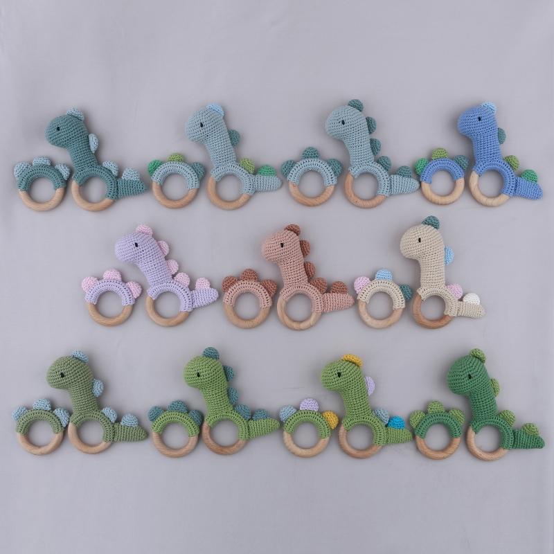1Set Crochet Dinosaur Baby Teether Rattle Safe Beech Wooden Teether ...