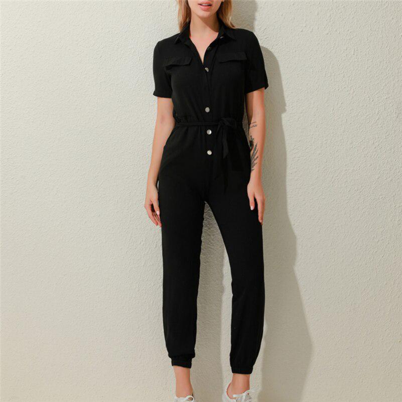 Buy Button Jumpsuit Women's High Waist V-neck Short Sleeve Pure Color ...