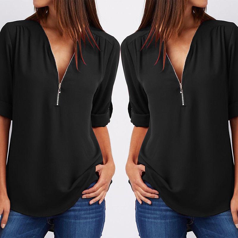 Buy Women Fashion Casual V-neck Zipper Tops Pull-up Sleeves Loose ...