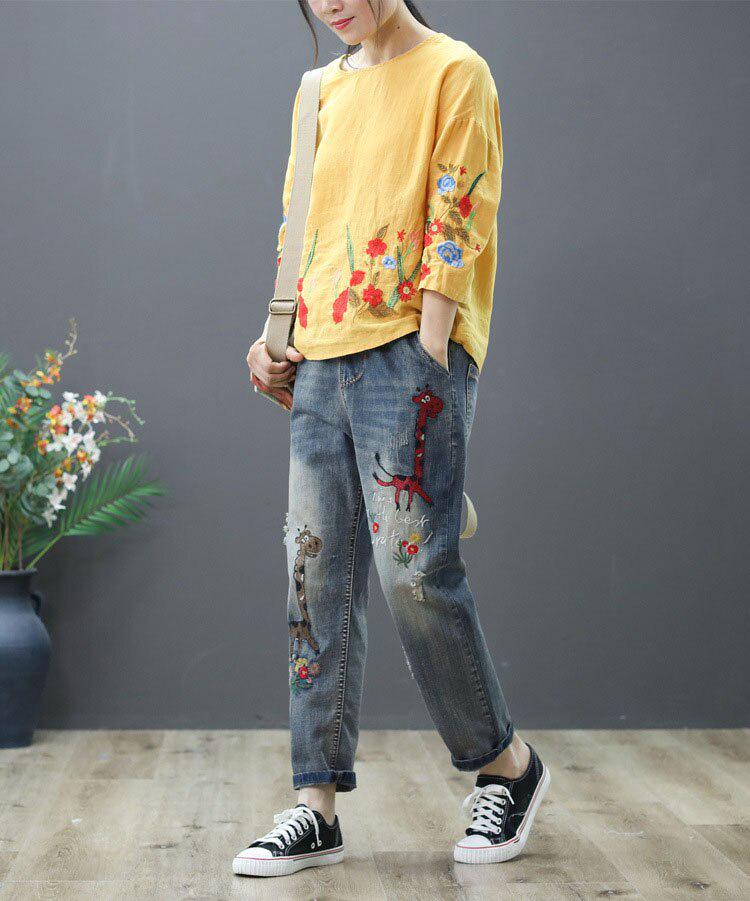Buy Vintage Woman Embroidery Jeans 2020 Spring Autumn Elastic Waist ...