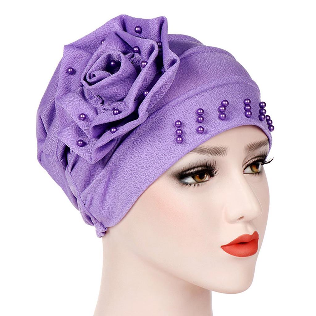 Buy Solid Color Bead Flower Women Muslim Hijab Hat Bohemia Style Lady ...