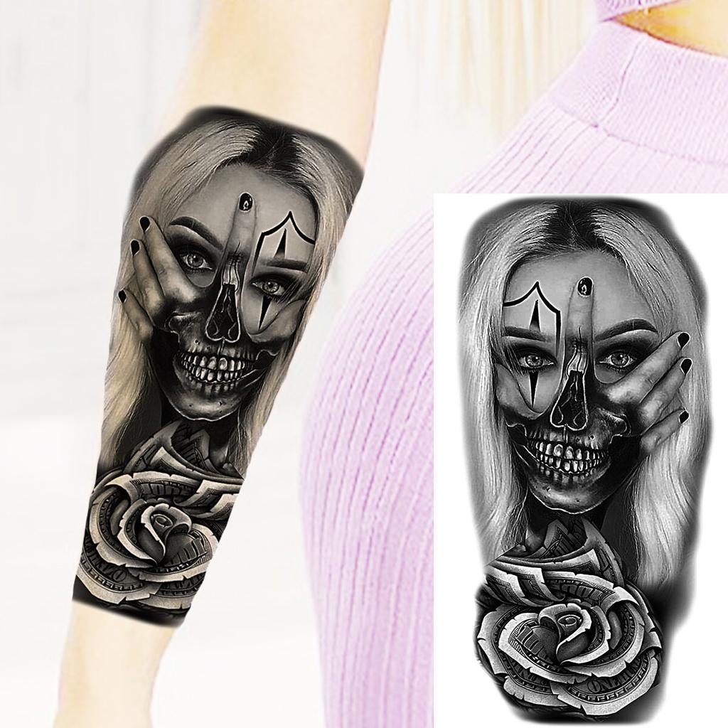 Black Scary Rose Flower Gangster Temporary Tattoos For Women Men Wolf Lion Pirate Skull Fake ...