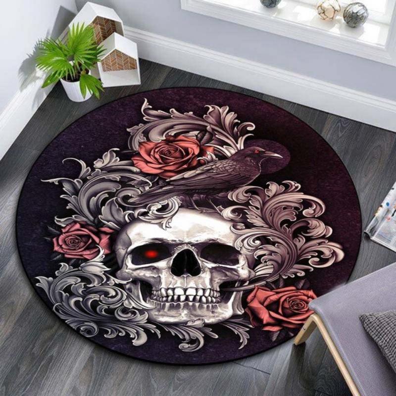 Buy Floral Skull Round Carpet Soft Flannel Sofa Bedroom Area Rugs Anti ...