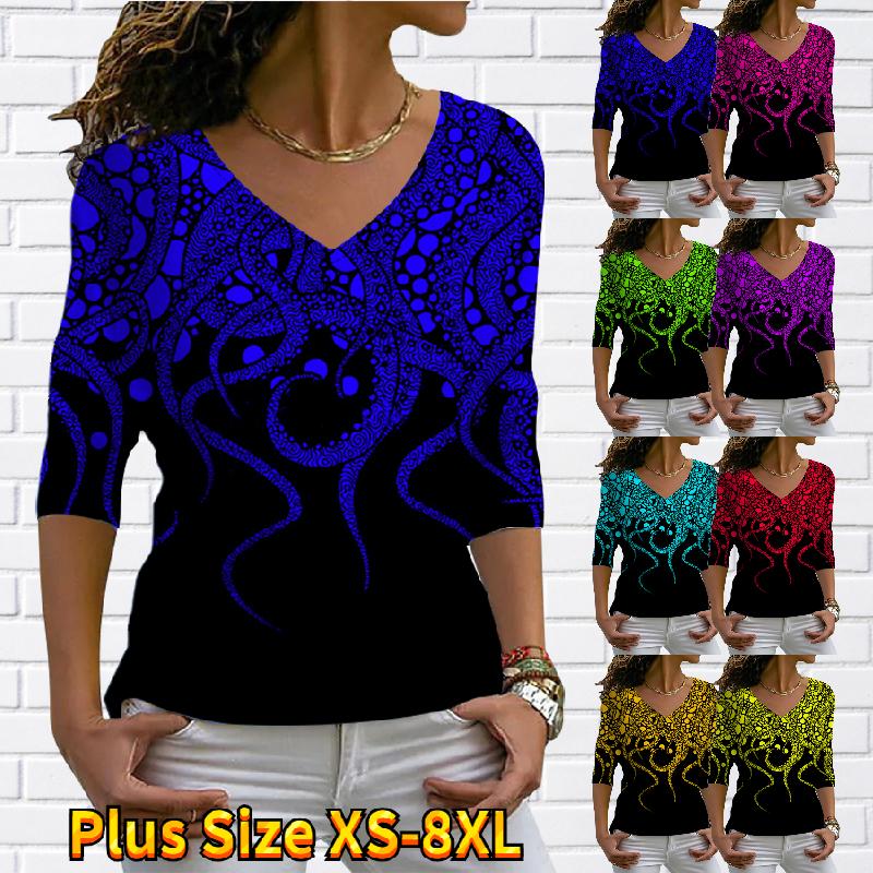 Buy Women Autumn Pink Tails Printed Long Sleeve T-Shirts Loose V-Neck ...