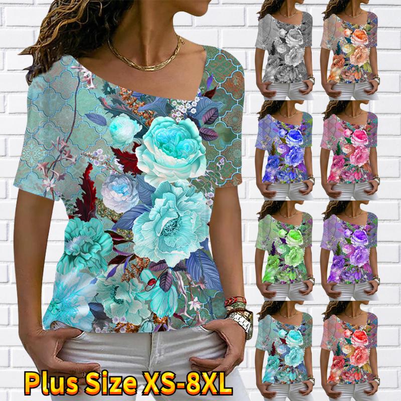 Buy Ladies 3D Rose Flower Print Irregular Collar Short Sleeve Base ...