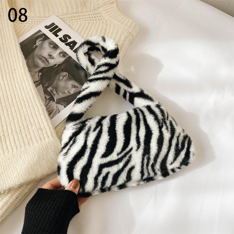 Buy Women INS Leopard Zebra Patter Fluffy Tote Bag Mini Underarm Bags ...
