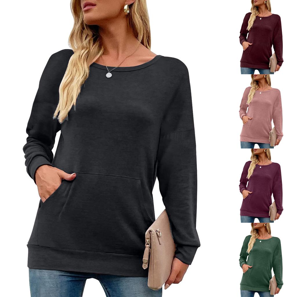 Buy Women's Loose Fashion Solid Color Stitching Kangarooes Pocket Round ...