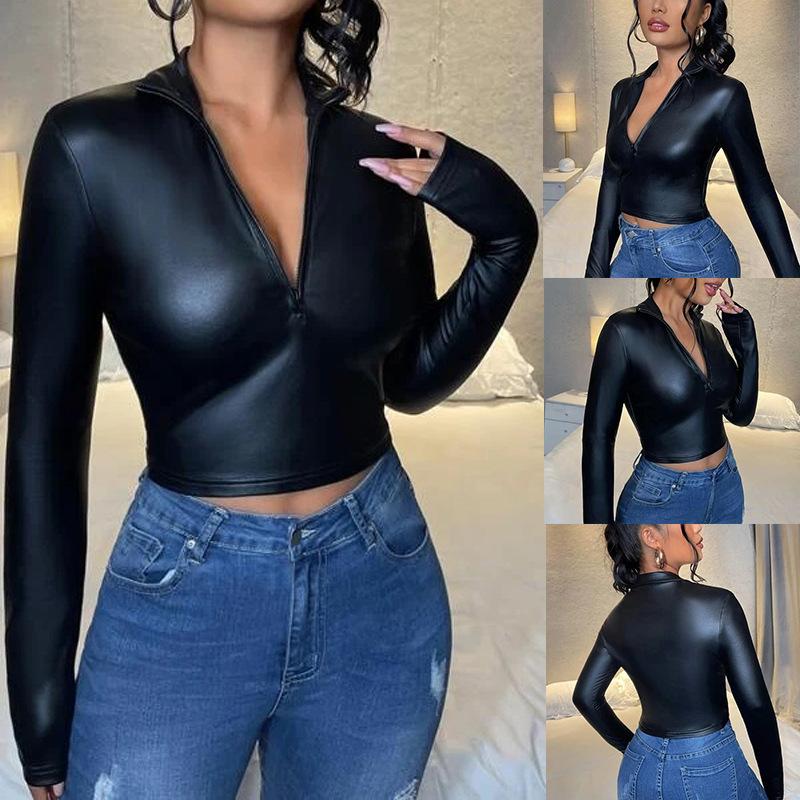 Buy 2022 Spring Autumn Women Fashion Pu Leather Elastic Top Female Sexy
