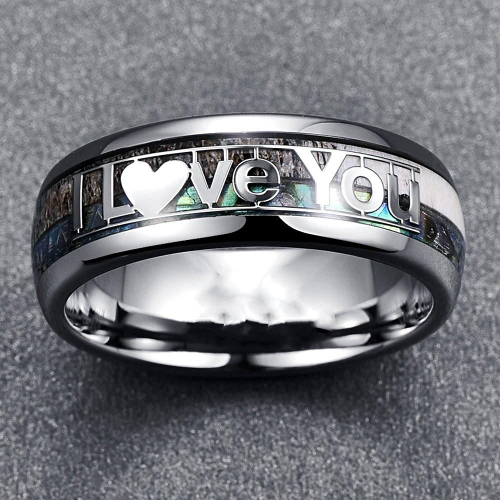 Buy 8mm Wide Titanium Steel Ring “I LOVE YOU” Natural Abalone Shell and ...