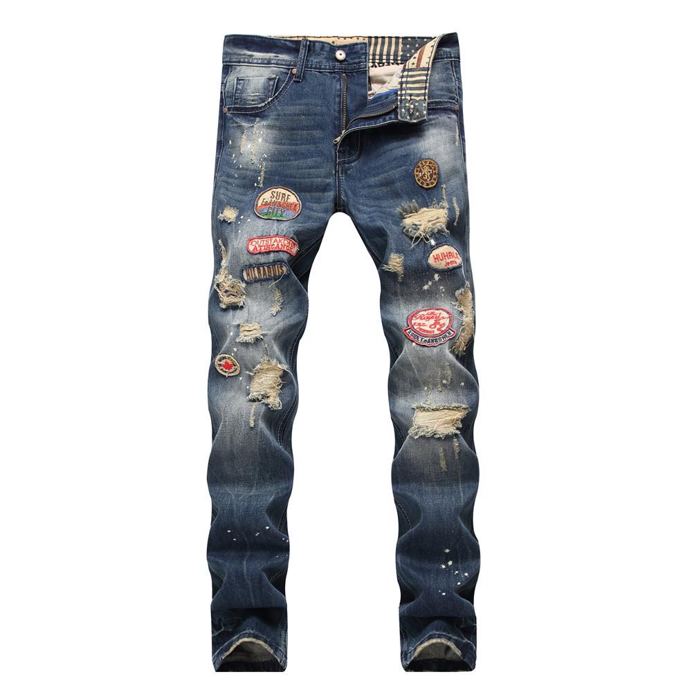 New patch men's jeans Slim straight retro stickers badge hole men's ...