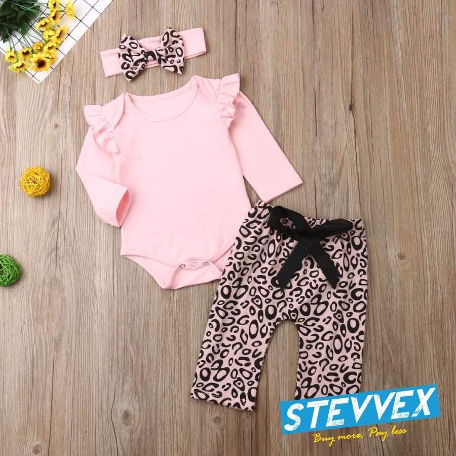 Buy Newborn Baby Girl Clothes Fly Sleeve Knitting Cotton Romper Tops Leopard Print Long Pants ...