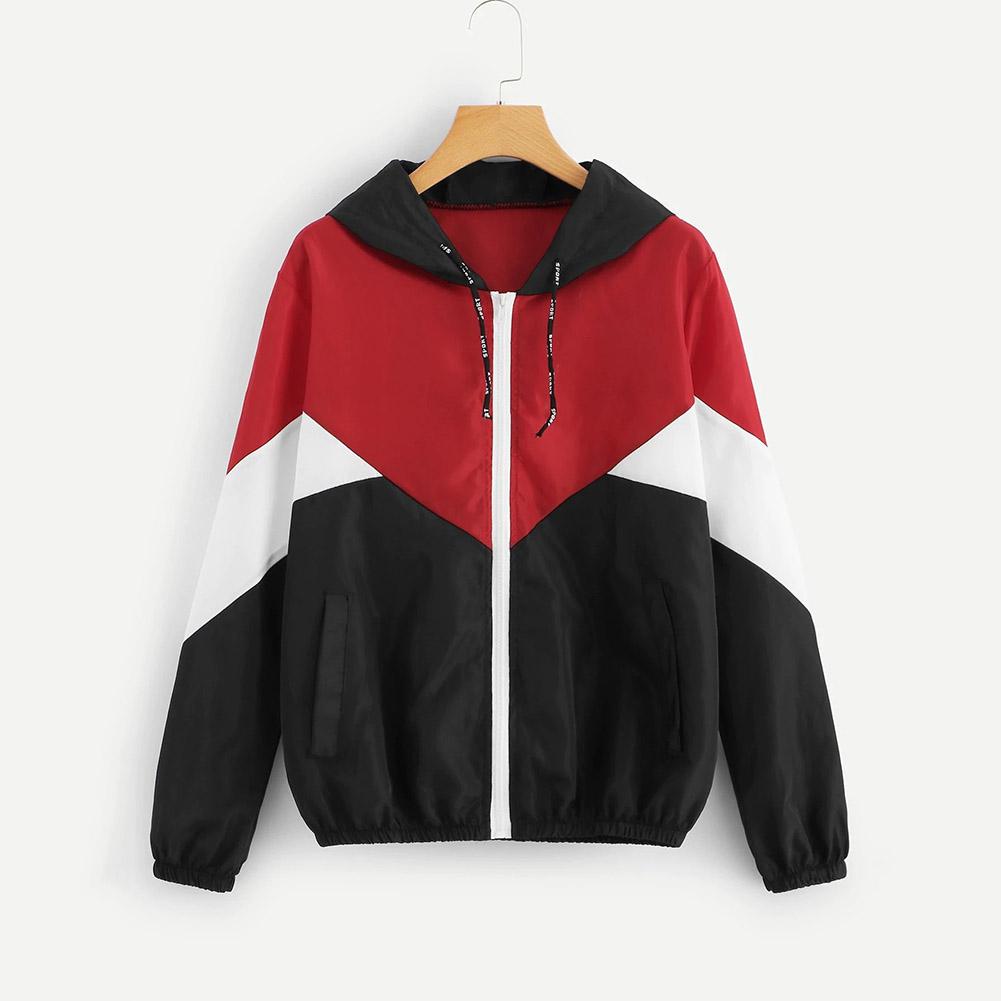 Buy Women Fashion Patchwork Hooded Jacket Splicing Color Zipper Casual ...
