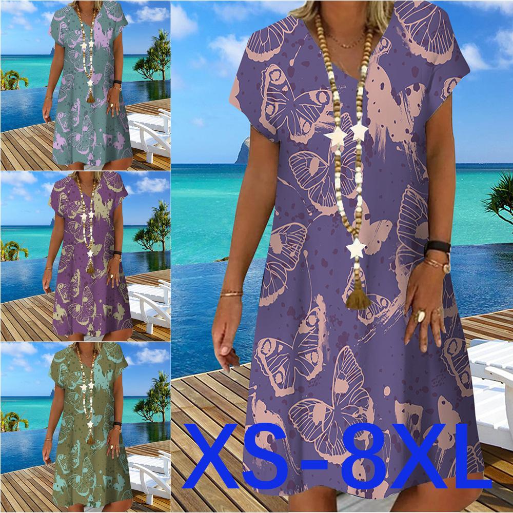 Buy Summer New Fashion Dress Printed Butterfly V-neck Loose Dresses ...