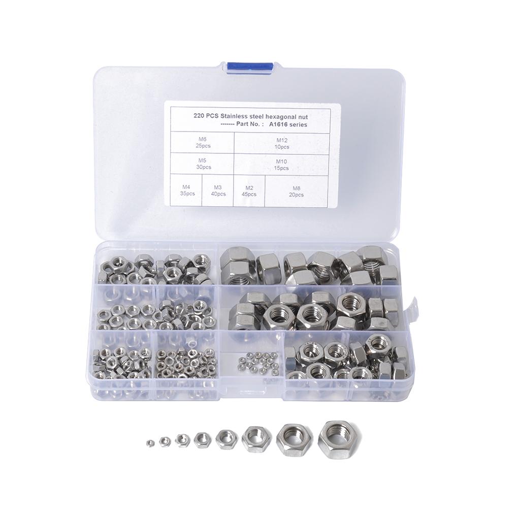 220PCS/Set M2-M12 Nylon Lock Nuts Fastener Metric Thread Stainless Steel Self-locking Hex ...