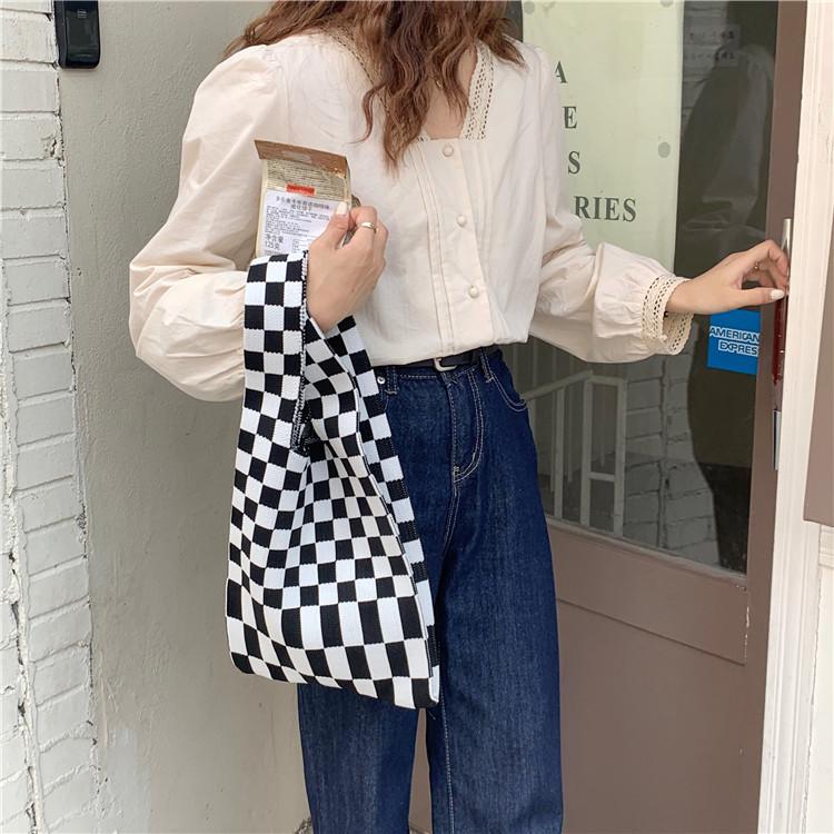 Buy Knitted Checkerboard Woven Bag Contrast Checked Handbag Women's ...