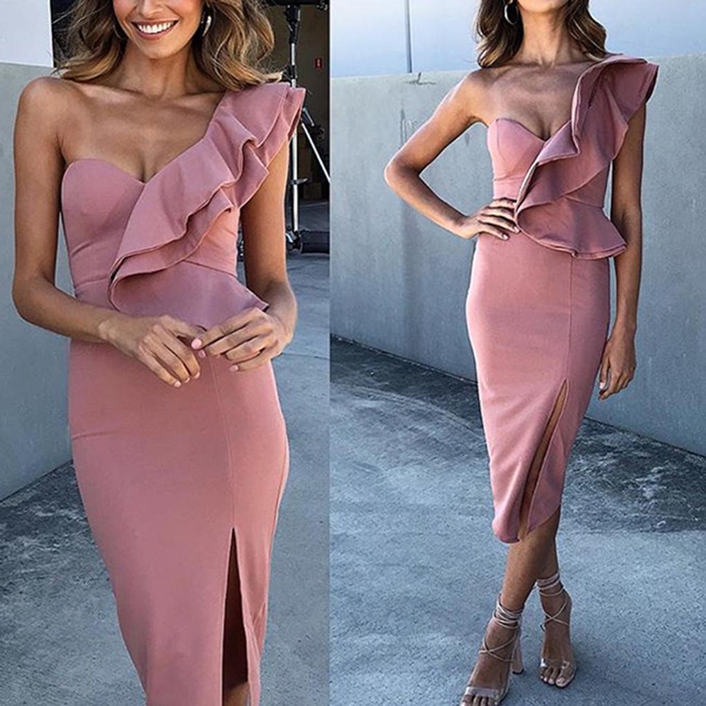 Buy Summer Sexy Solid Color Open Back Wrapped Chest Ruffled Side Slit