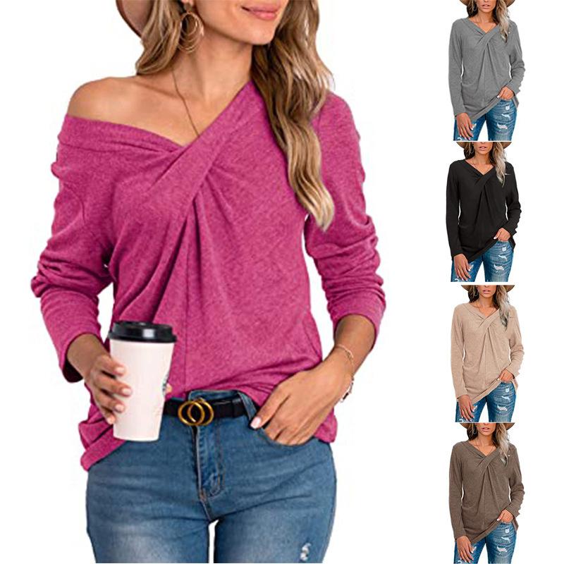 Buy Plus Size Women V Neck Long Sleeve Pullovers Tops Neckline Knotted ...