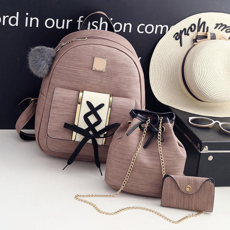 Buy 3Pcs Women Backpack Set Pu Leather Casual Bucket Bag Purse School ...