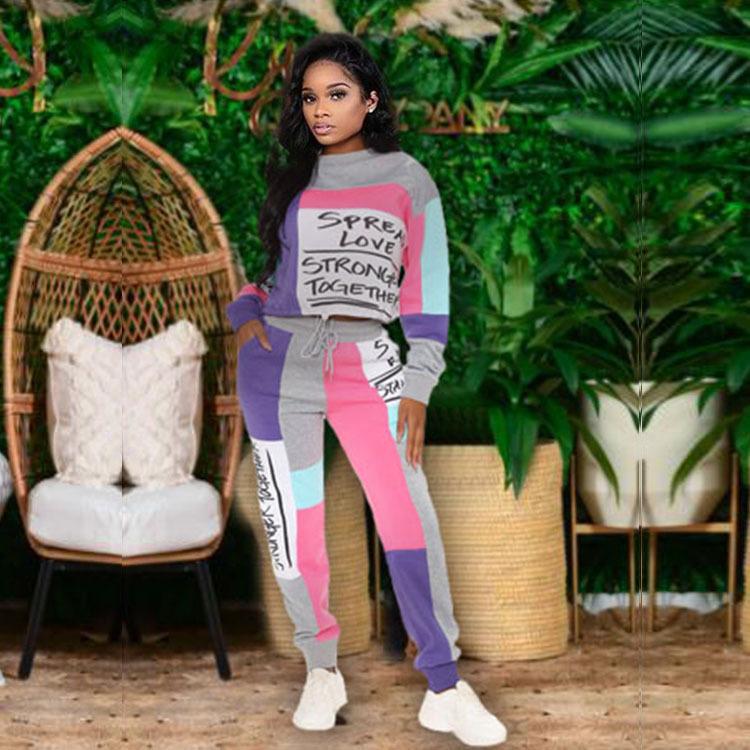 Buy Letter Printed Women Contrast Color Tracksuit 2Pcs Patchwork ...