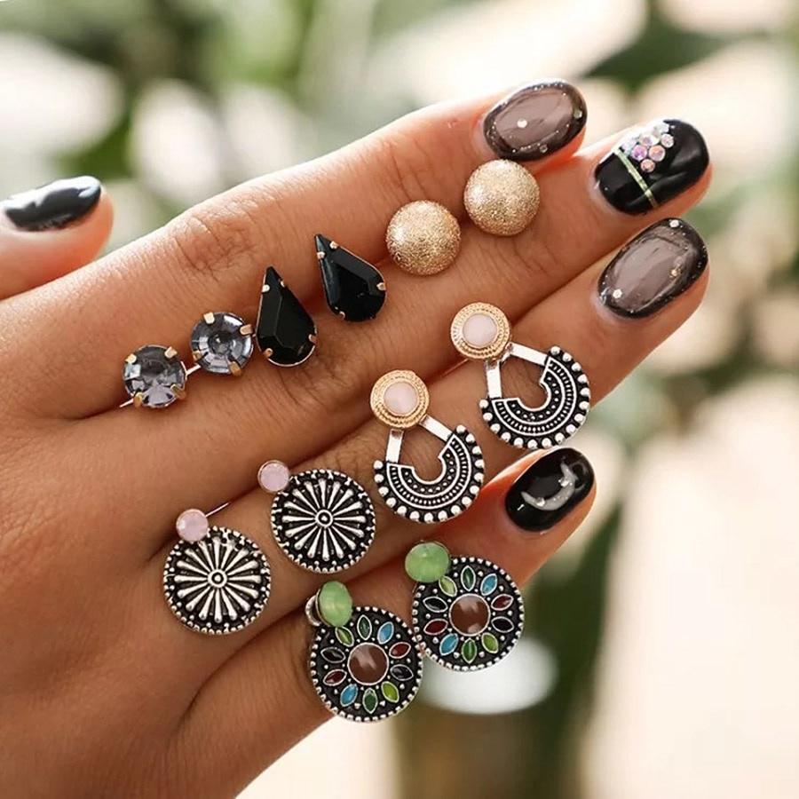 Buy RAVINOUR 6Pairs/Set Round Vintage Silver Bohemian Stud Earrings For Women Ethnic Black Gold ...
