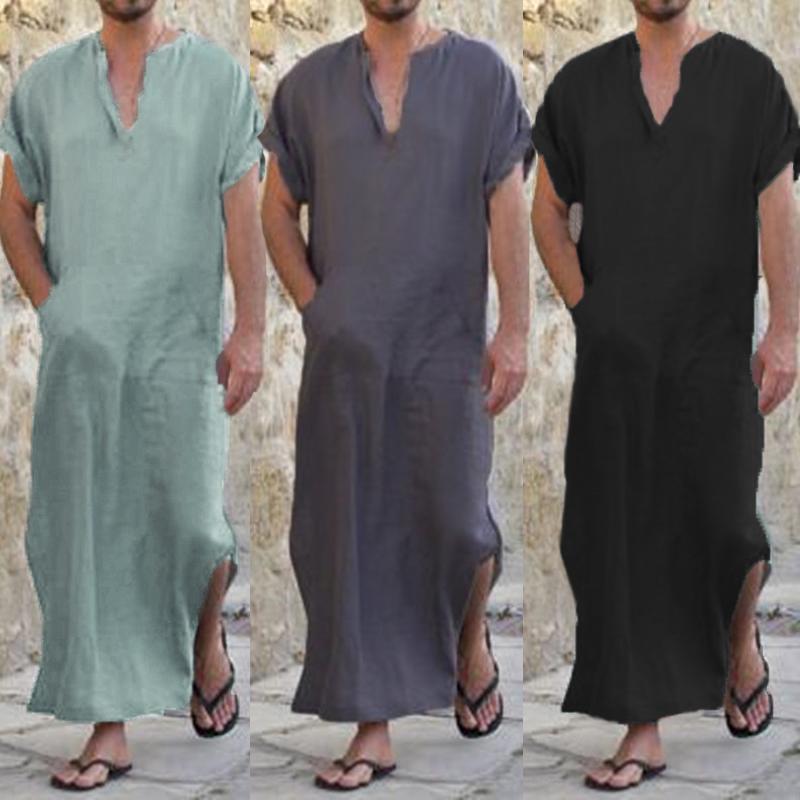 S-5XL Retro Summer Loose Men Casual Shirts Robe Dres Short Sleeve V Nec ...