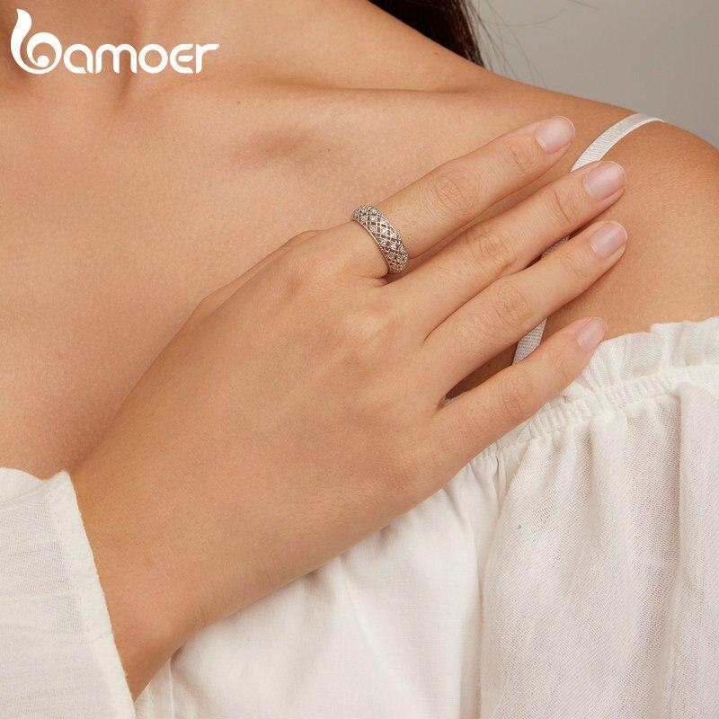 Купить BAMOER 925 стерлингового серебра Оригинальный дизайн Полый узор Широкий палец Кольцо Pave ...