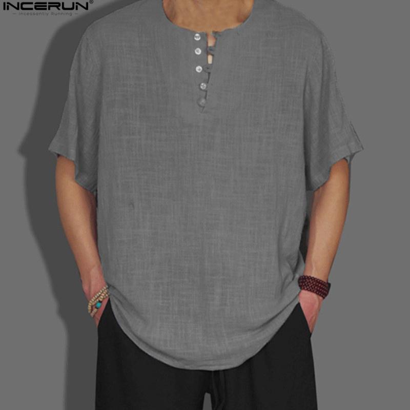 Buy Retro Style Men Summer Button Crew Neck Collar T-shirt Casual Tee ...