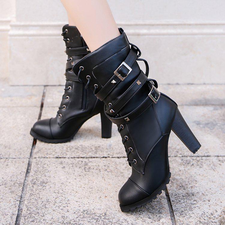 Winter Motorcycle Women's Chunky Heel Platform Leather Sexy Mid-calf ...