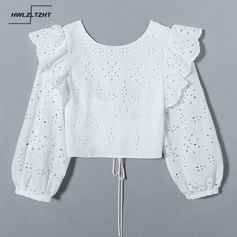 Buy Embroidered Crop Blouse Women Ruffle O Neck Puff Sleeve Openwork Embroidery Summer Top Woman ...