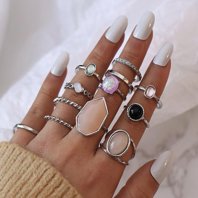 Buy 12pcs Women Alloy Rings Vintage Rhombus Geometric Oval Rings Set ...