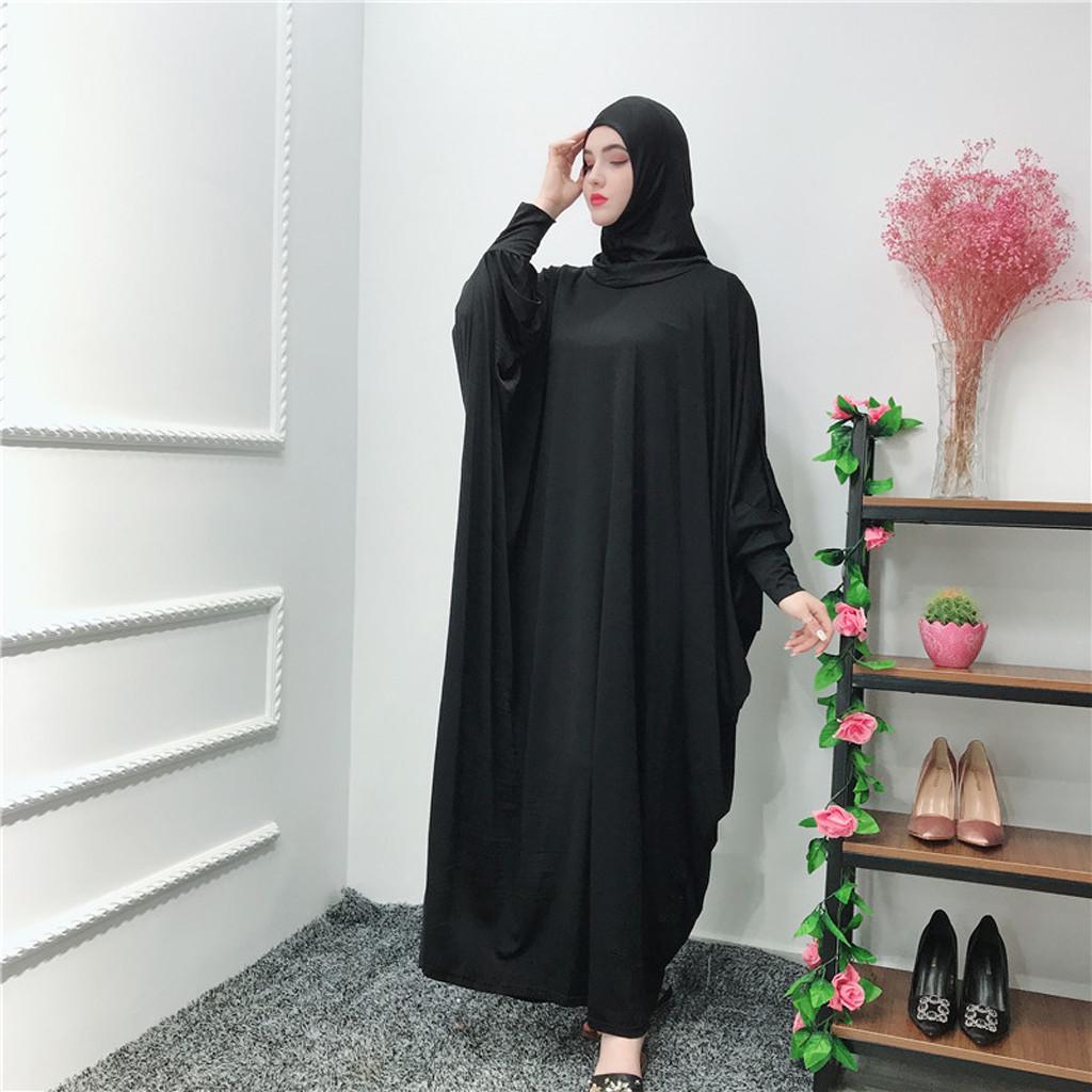 Buy Women Muslim Dresses Solid Color Headgear Mosque Bat Sleeve Robes ...
