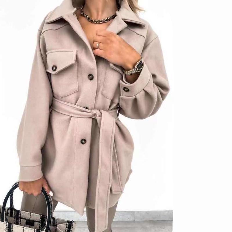 Buy Womens Fleece Shacket Casual Jacket Tie Belt Top Shirt Coat Tunic ...