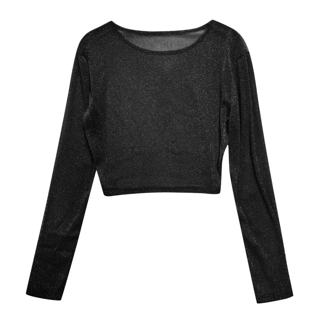 Buy Women's Shiny Transparent Mesh Top Plus Size Long-Sleeved Tops at ...