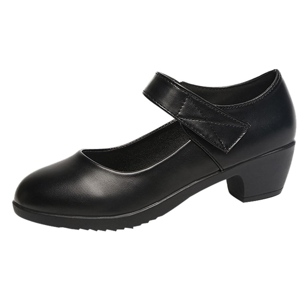 Cheap Women Comfortable Single Shoes Square Heel Pure Color Shoes Round ...