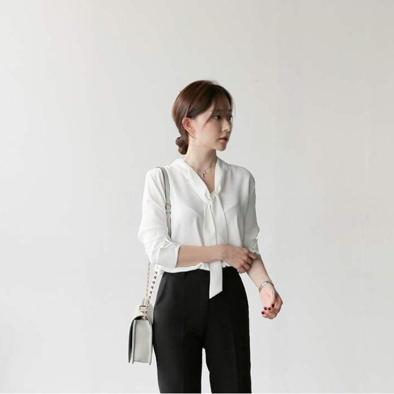 Cheap Korean Style White Long-sleeved V-neck Streamers Bow Blouse ...