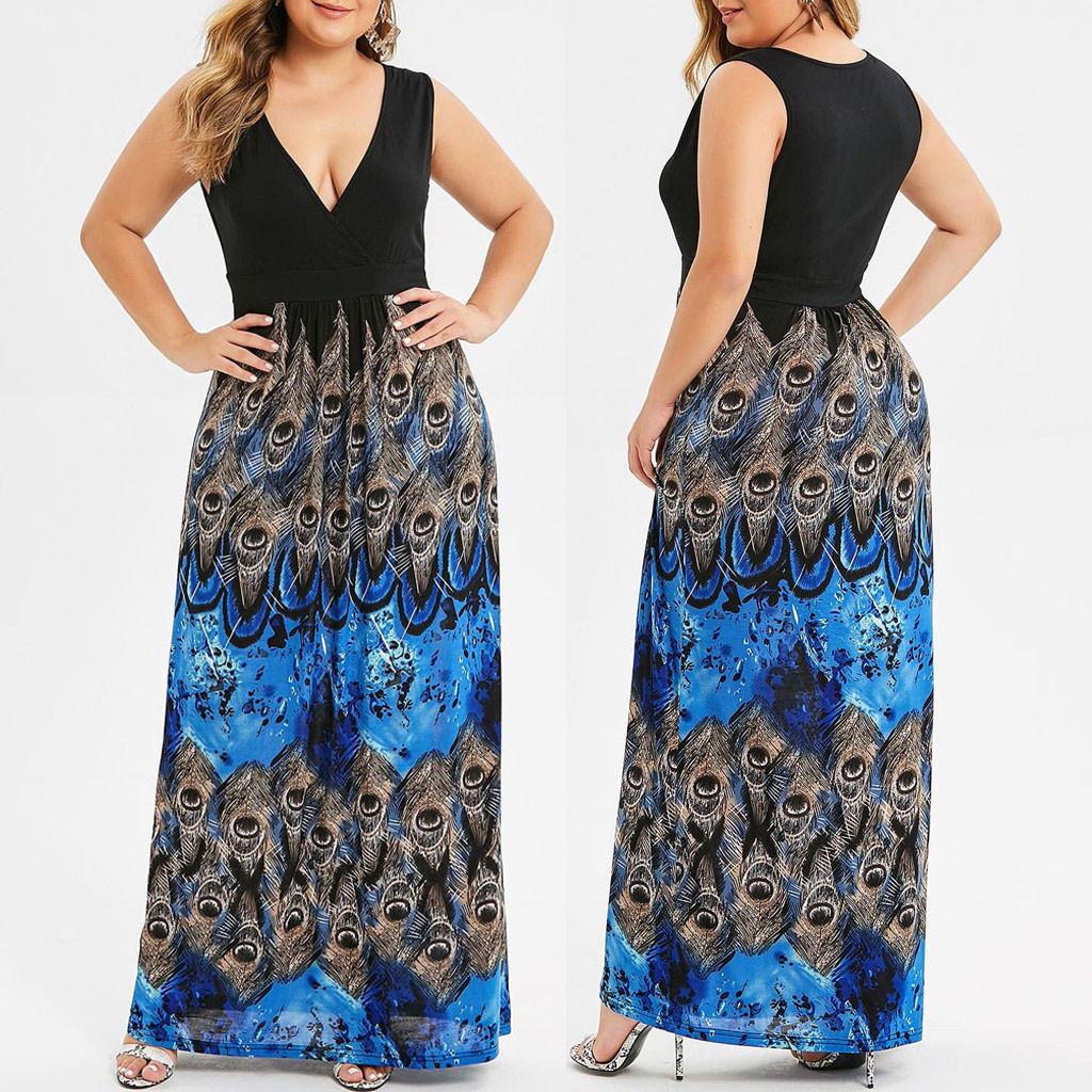 Buy Fashion Women Plus Size Peacock Feather Print Sleeveless V-Neck ...