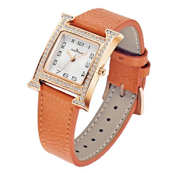 Buy H Letter Lychee Pattern Leather Strap Square Diamond Women's Quartz ...