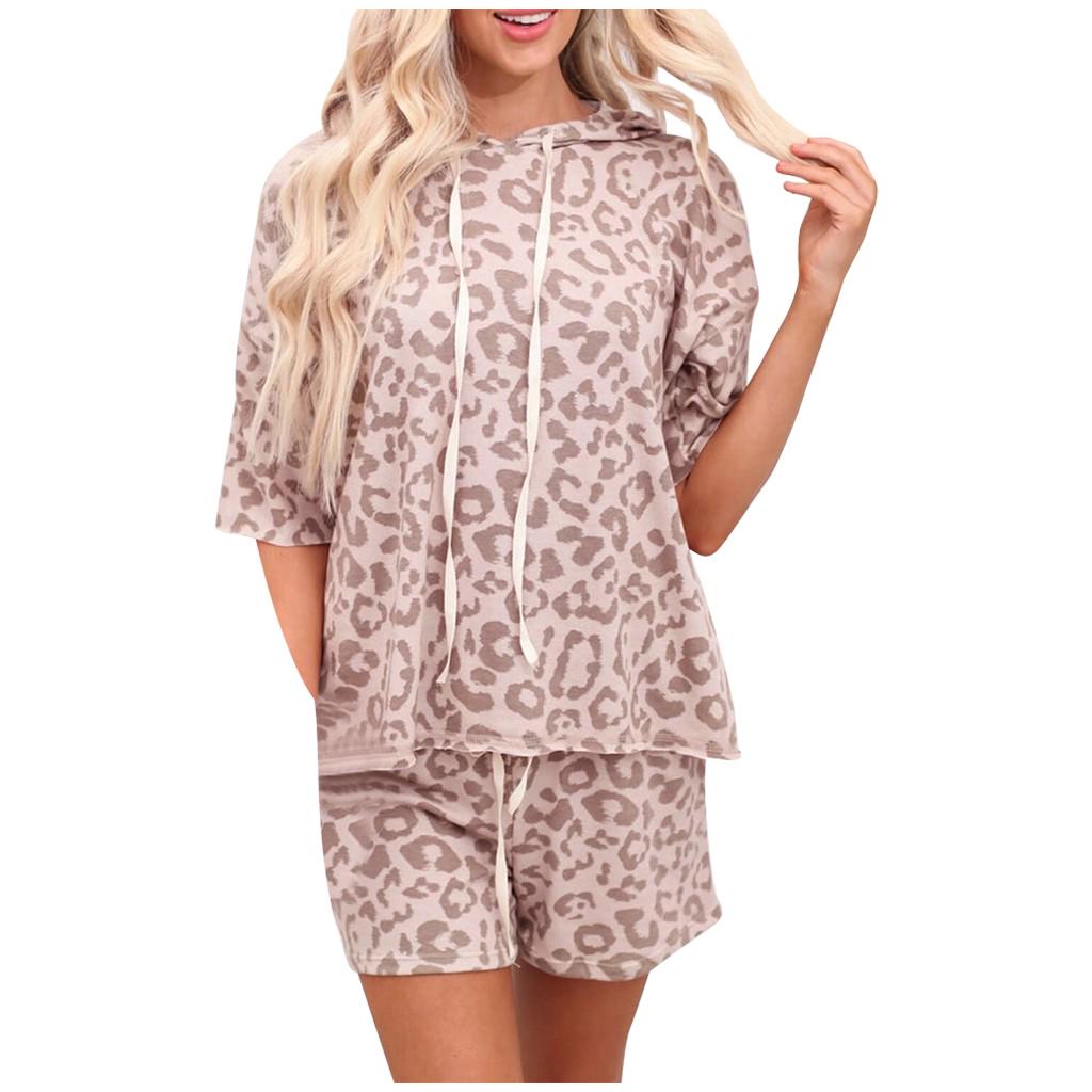 Buy Women Leopard Printed Pajamas Set Hoodies Top Shorts Sleevewear ...